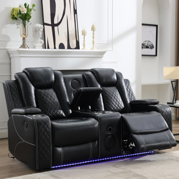 Leather Power Loveseat Recliner Couch with Bass Speakers and LED Lights Latitude Run Upholstery Color Black